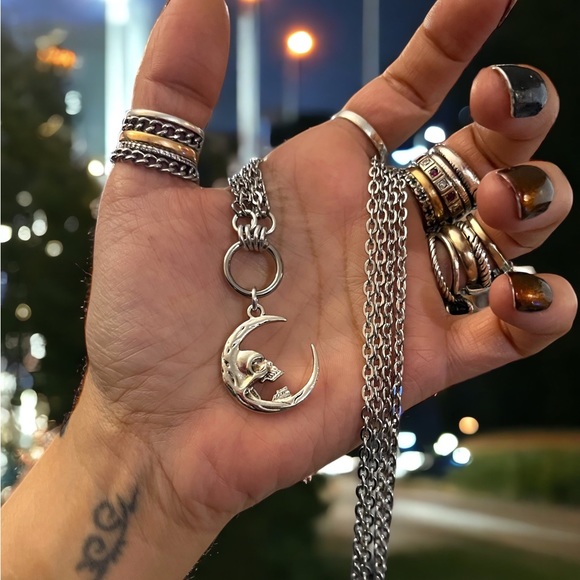 Silverskylight | Jewelry | Double Chain Moon Skull Necklace Stainless ...